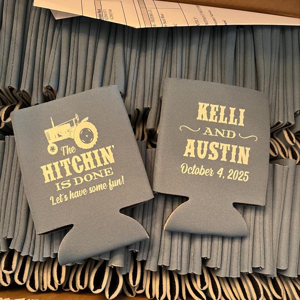 Personalized Tractor Can Coolers: the Hitchin' is Done Wedding Favors ...
