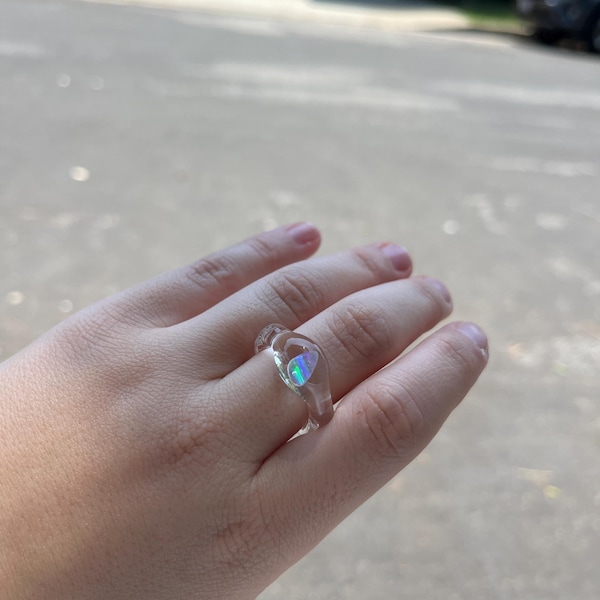 Clear Glass Ring With Opal Marble Set Down in Band a Bit Pyrex ZU Glass ...