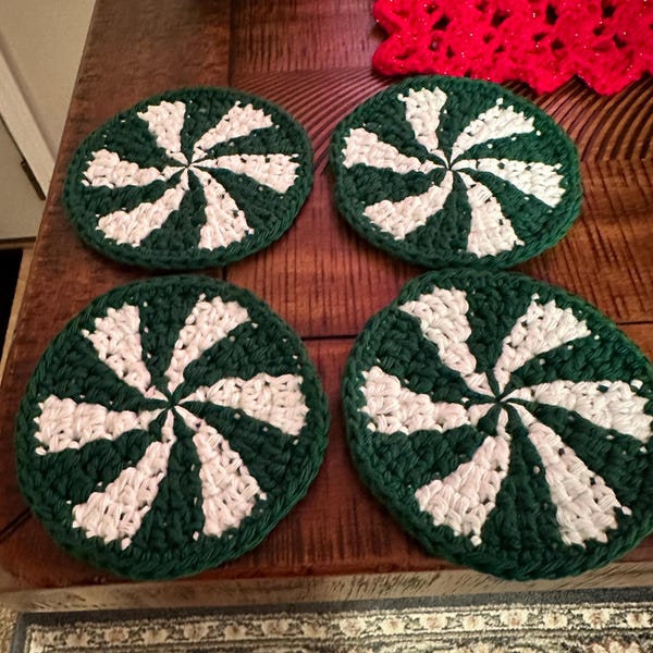 Christmas Peppermint Candy Crochet Coasters | Mug Rugs | Set of 2, 4 ...