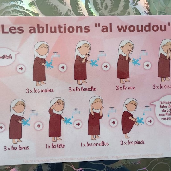 Affiche mémo plastifiée pour mémoriser les étapes des ablutions - al ...