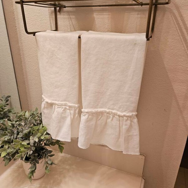 PAIR Dish Towels, Linen Ruffled Tea Towels, Ruffled Each End, Set of 2 ...