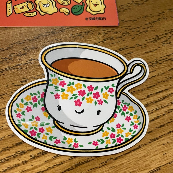 Flower Teacup Vinyl Sticker | Waterproof Sticker | Tea Drinking Sticker ...