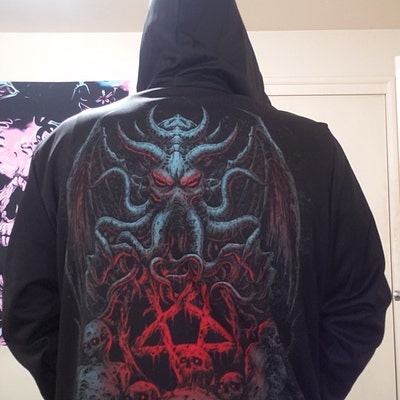 Skull Skeleton Demon Octopus Satanic Pentagram Zip up Hoodie Color Be ...