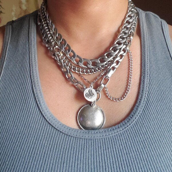 Chunky Multi Layer Silver Bracelet With Heart Charm for Women Bold ...