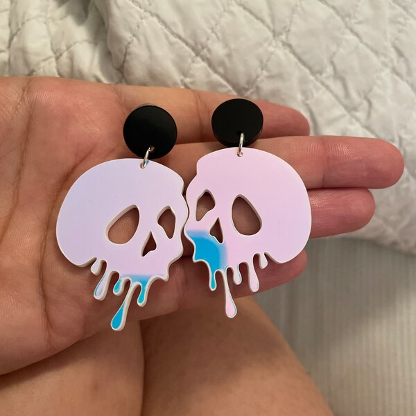 Iridescent Melty Skull Earrings, Holographic Pastel Rainbow, Halloween ...
