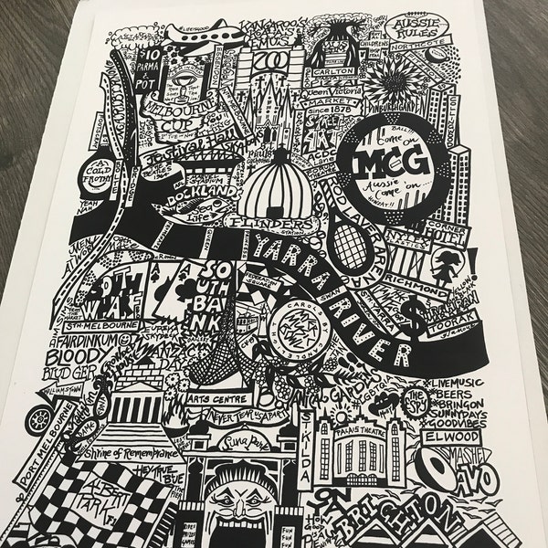Melbourne Art, Hand Drawn,melbourne Souvenir, Melbourne Landmarks ...