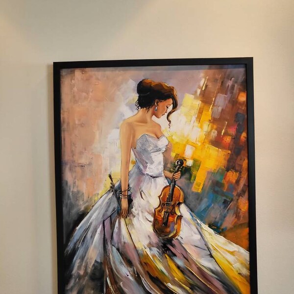 Lady With Violin Oil Painting Original Women 36x48 Canvas Wall Art Girl ...