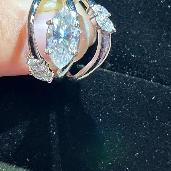 Emerald Cut Moissanite Ring Three Stone Wedding Ring 2.38 Ctw Half Bezel Set East West ...