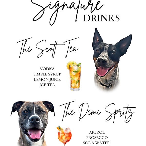 Custom Dog Signature Drinks Menu Card, Unique Pet Wedding Cocktail Sign ...