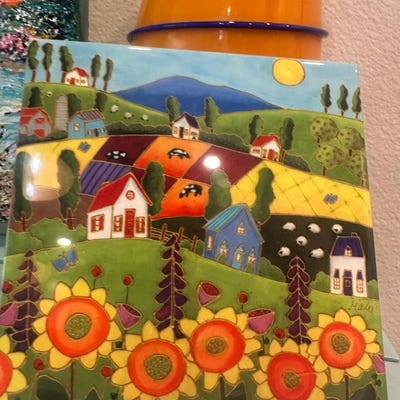 Trivet Ceramic Tile Colourful House Sailboat Square Trivet Art Print ...