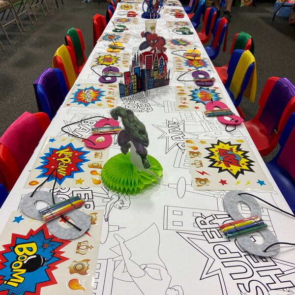 Super Hero Birthday Party Decor Coloring Tablecloth Personalized Gift ...