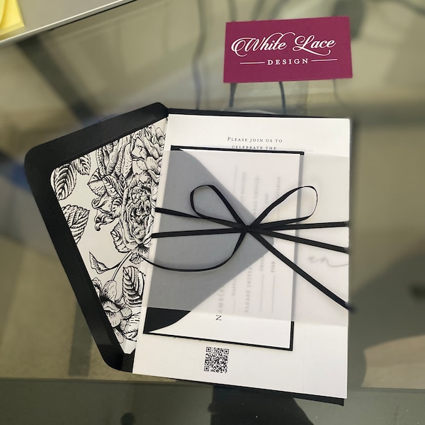 Black and White Wedding Invitation: Line Flower Liner, Vellum Band and ...