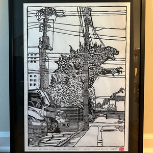 Handgemaakte GODZILLA Lino Cut Print Large DIN A2 Japan Movie Monster ...
