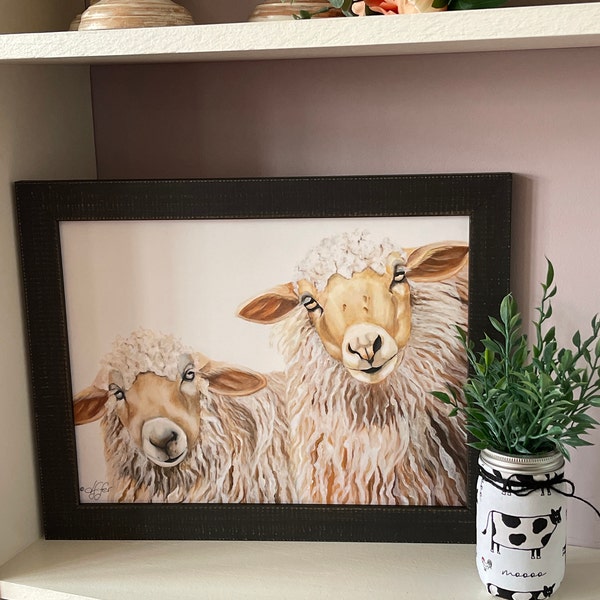 Cute Funny Curious Sheep Framed Picture Wall Decor Charcoal Wood Frame ...