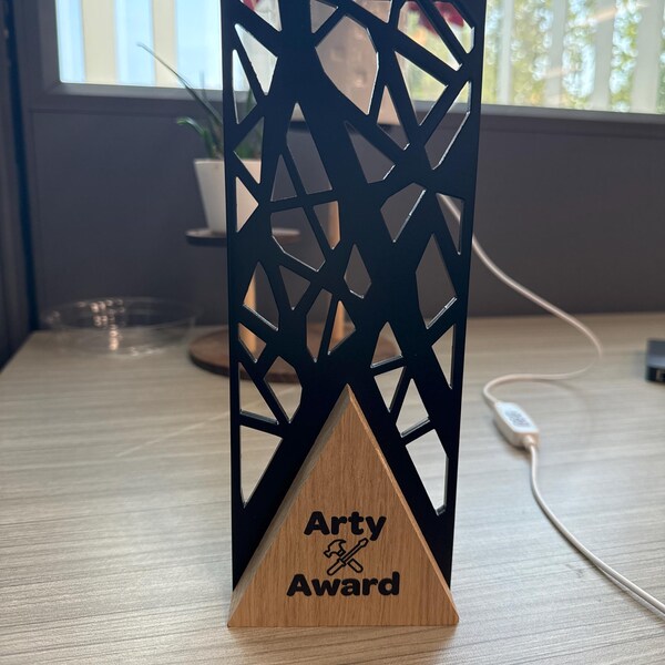 Modern Laser Cut Steel Trophy, Solid Oak Base, Corporate Award, Custom ...