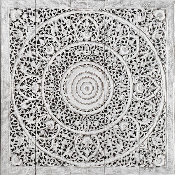 Large White Lotus Carved Wood Panel 72" Teak Headboard Wall Art Mandala ...