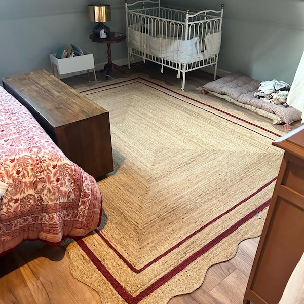 Scalloped Jute Rug- Rustic Red Wave Edge Jute Rug, Jute Scalloped Rug ...