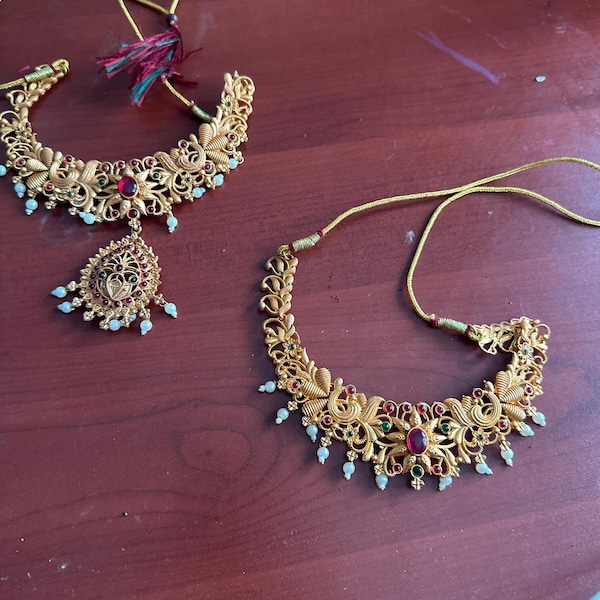 South Indian Gold Plated Long Haram With Chokar Bridal Necklace Set ...