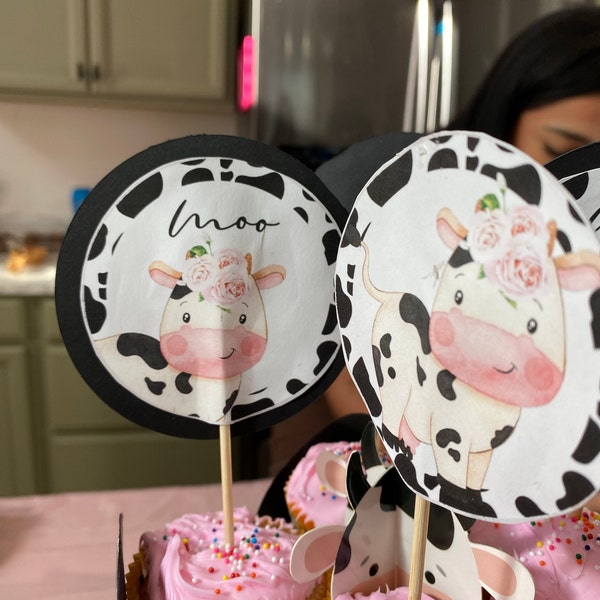 Printable Pink Floral Cow Cupcake Toppers, Editable Cow Birthday Cake ...