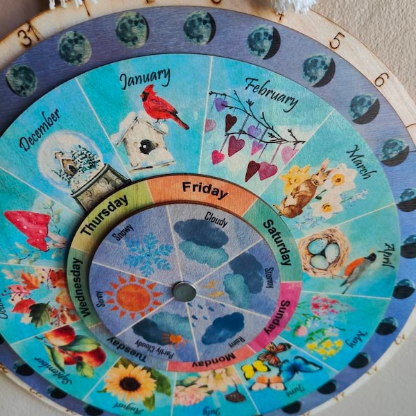 Wheel of the Year, Wooden Perpetual Calendar, Moon Phases Wheel ...