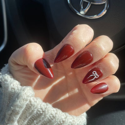 Claret Bowknot Hand Painted Nails /japanese Nails /custom Press on ...