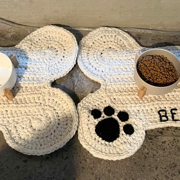 Ivory Beige Dog Mat With Paw Print, Personalized Dog Bone Food Water ...