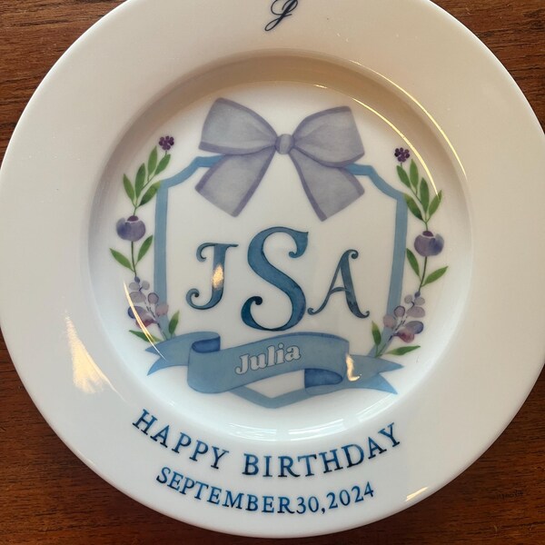 Personalized Ceramic Birthday Plate: Monogram Initial, Watercolor Bow ...
