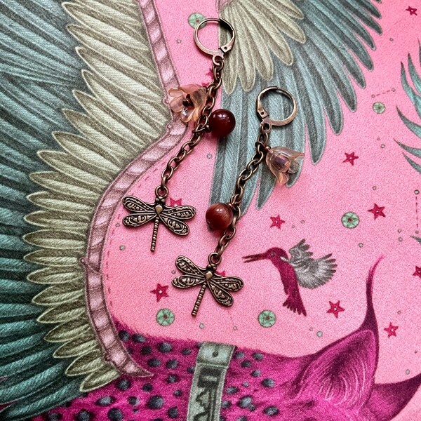 Whimsigoth Pink Floral Lily Dragonfly Flower Dangling Earrings in Silver Fairycore Whimsical - Etsy