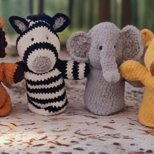 Crochet Safari Hand Puppets Patterns Set PDF | Lion, Elephant, Giraffe ...