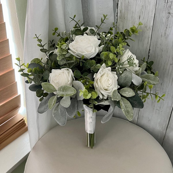 Boho Rose Wedding Bouquet, Realistic White Roses & Greenery Bridal ...