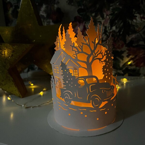 Paper Cut Lamp Christmas Truck With Tree - Paper Cutting Template - DIY ...
