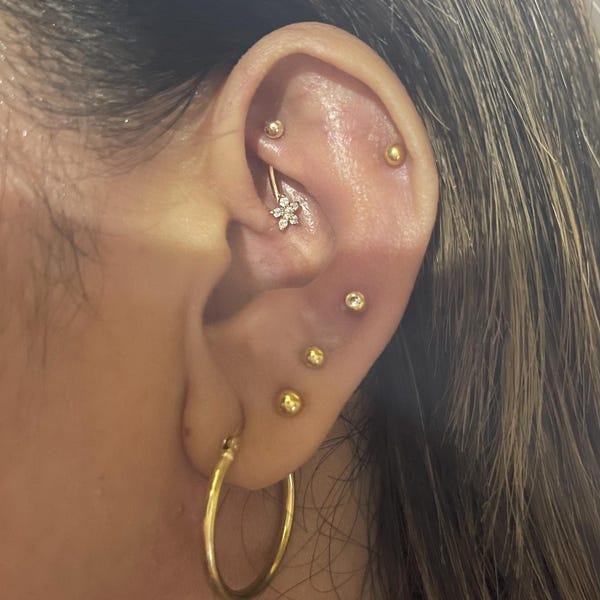 14k Solid Gold Flower Rook Earring Gold Rook Piercing Eyebrow Ring ...