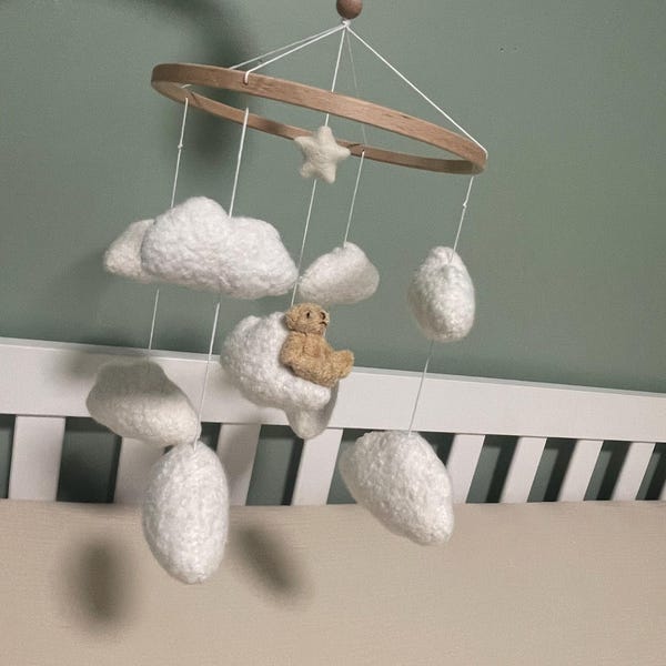 TEDDY’S DREAM Cot Mobile, Boucle Cot Mobile, Cloud Mobile, Neutral ...