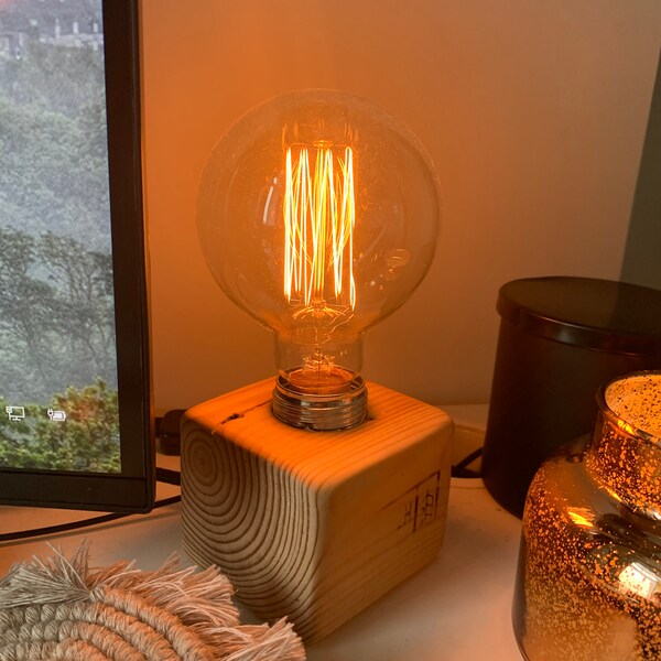 Edison Bulb Lamp Made From Reclaimed Wood, Housewarming Gift, Bedside ...