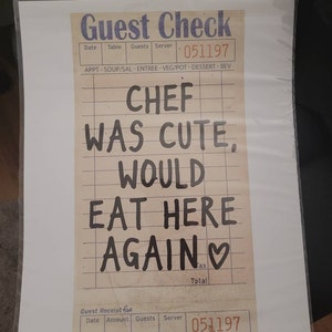 Chef Was Cute Guest Check Poster Trendy Wall Art Prints Kitchen Decor ...