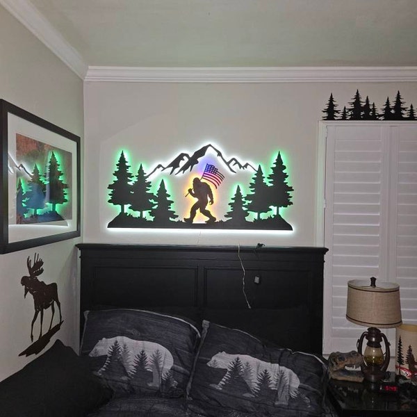 Sasquatch Metal Wall Decor, Bigfoot With USA Flag, Yeti Led Lighted ...