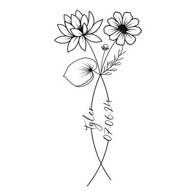 2 Names Birth Month Flowers Wreath Tattoo Art , Custom Name , Line Art ...