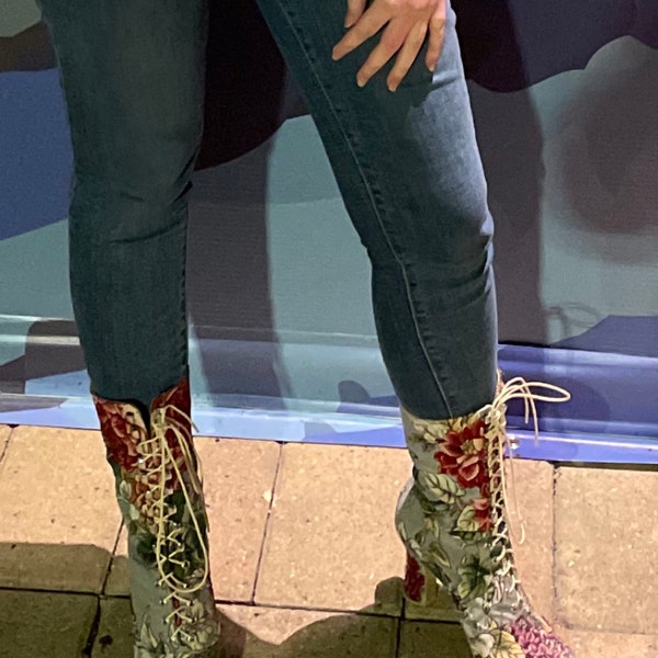 Flower Brocade Boots , Baroque Boots , Rococo Boots , Ankle Lace up ...