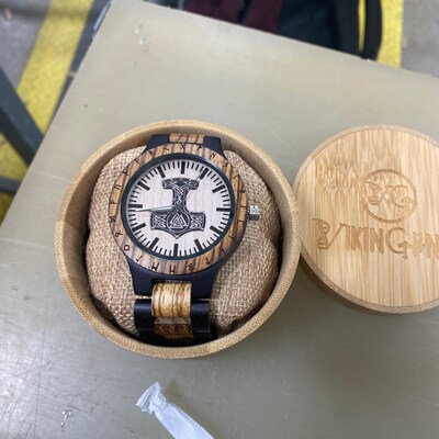 Engraved Thor's Hammer Mjolnir Wooden Watch, Personalized Viking Watch ...