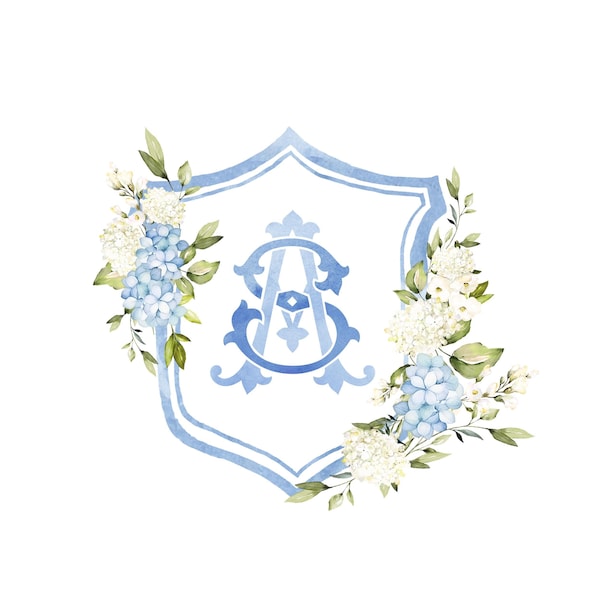 Blue Hydrangea Flower Wedding Crest - Monogram Crest - Hydrangea Light ...