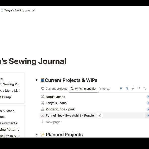 Sewing Patterns Database | Sewing Journal Notion Template Page | Sewing ...