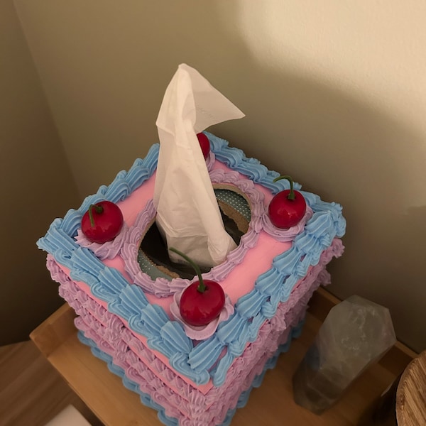 Vintage-style Pink, Blue, and Purple Fake Cake Tissue Box With Cherries ...