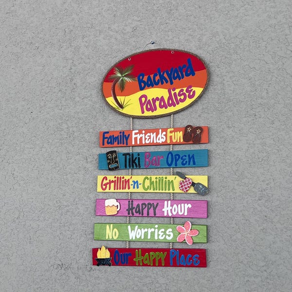 Backyard Paradise Hand Painted Wood Wall Hanger Sign Personalized Tiki ...
