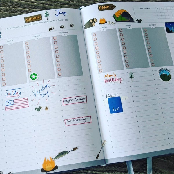 June Monthly Bullet Journal Sticker Kit - Summer Camping Themed ...