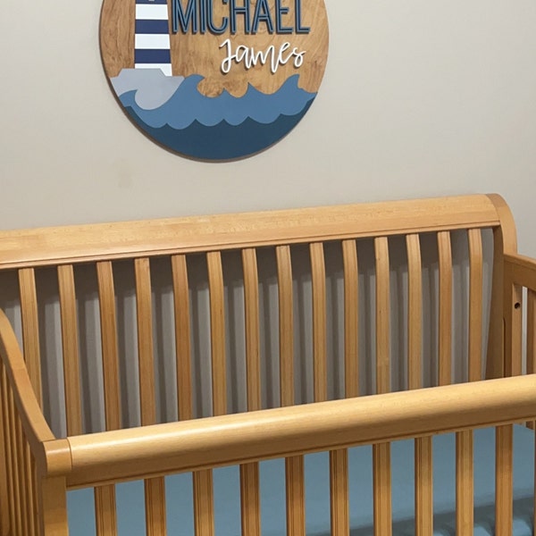 Lighthouse Name Sign, Nautical Nursery Theme, Round 3D Nursery Name ...