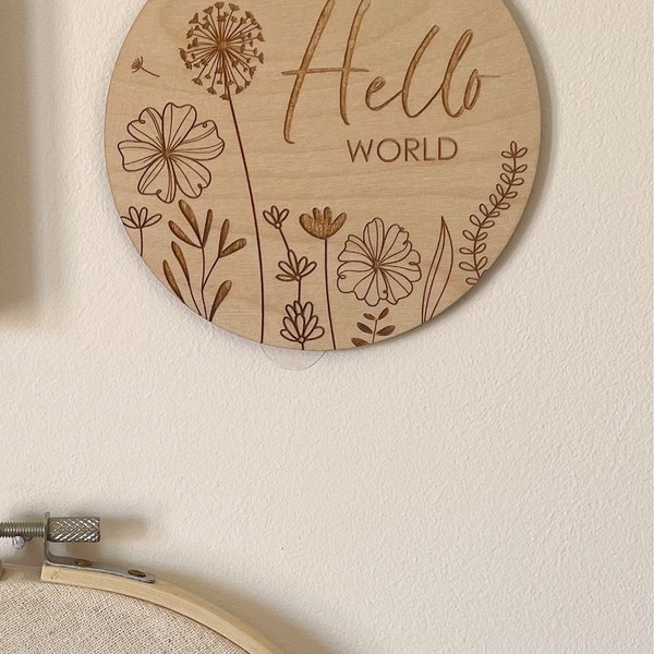 Hello World Wooden Disc Wooden Baby Announcement Baby Arrival Sign ...