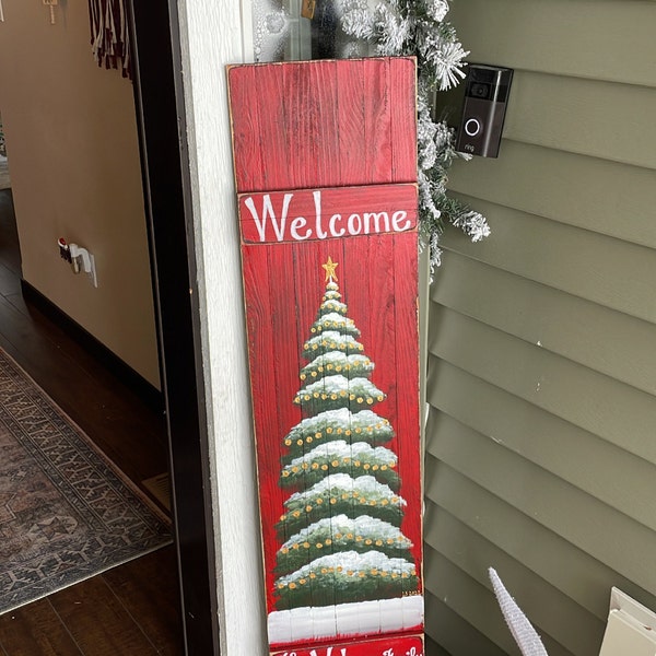Christmas Tree Handpainted Distressed Wood Shutter Sign and Two Color ...