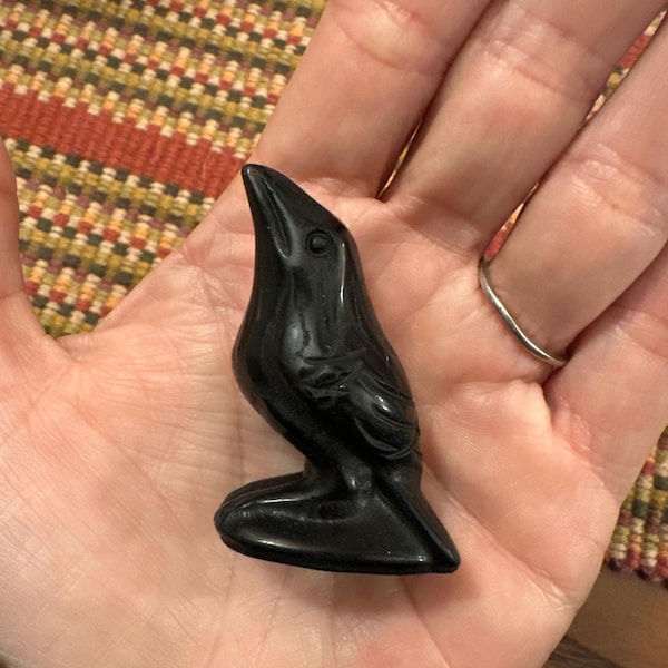 Natural Obsidian Crow Figurine - Miniature Stone Raven Bird Statue Home ...