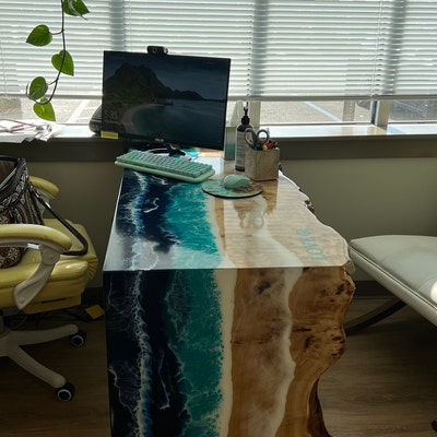 Live Edge Epoxy Desk, Epoxy Resin Computer Desk, Custom Maple Live Edge ...