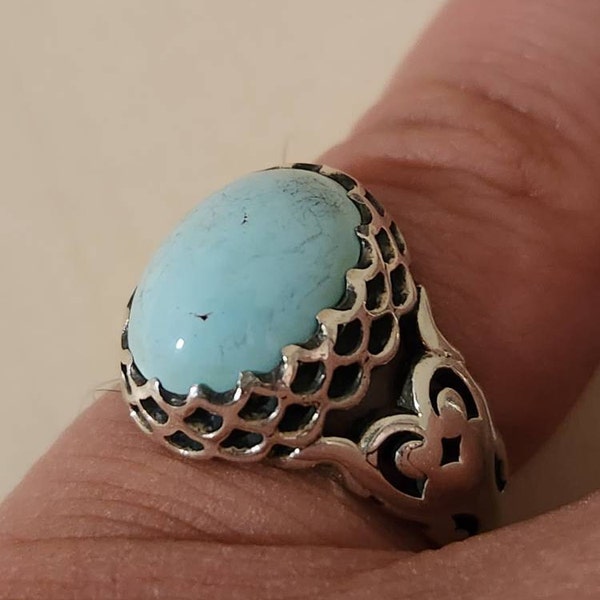 Genuine Yemeni Blue Aqeeq Aqiq Agate 925 Silver Protection Amulet Ring ...